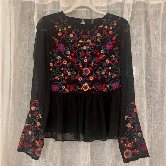 Zara | Tops | Zara Black Embroidered Swiss Dot Peplum Top | Poshmark